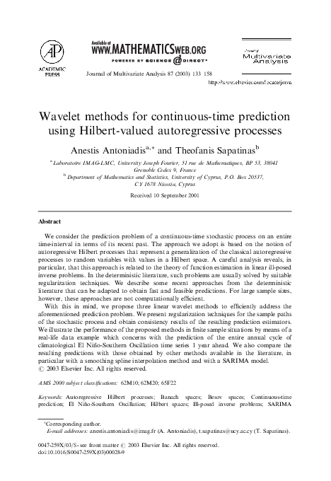 (PDF) Wavelet methods for continuous-time prediction using Hilbert-valued autoregressive processes