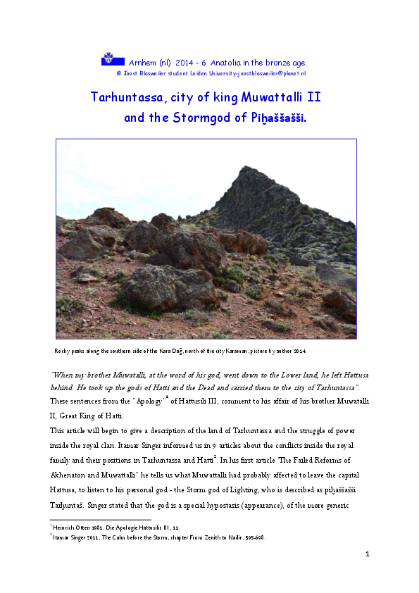 (PDF) Tarhuntassa, city of king Muwattalli II and the Stormgod of ...