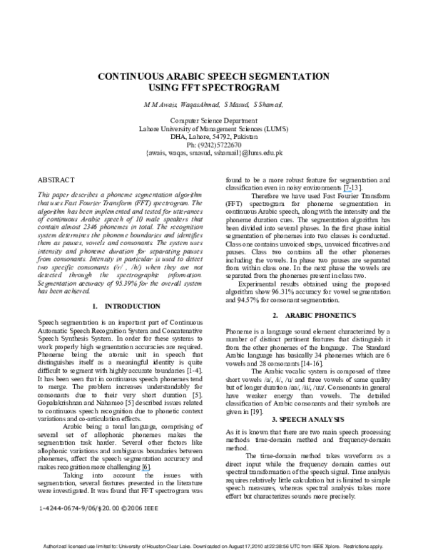 Pdf Continuous Arabic Speech Segmentation Using Fft Spectrogram