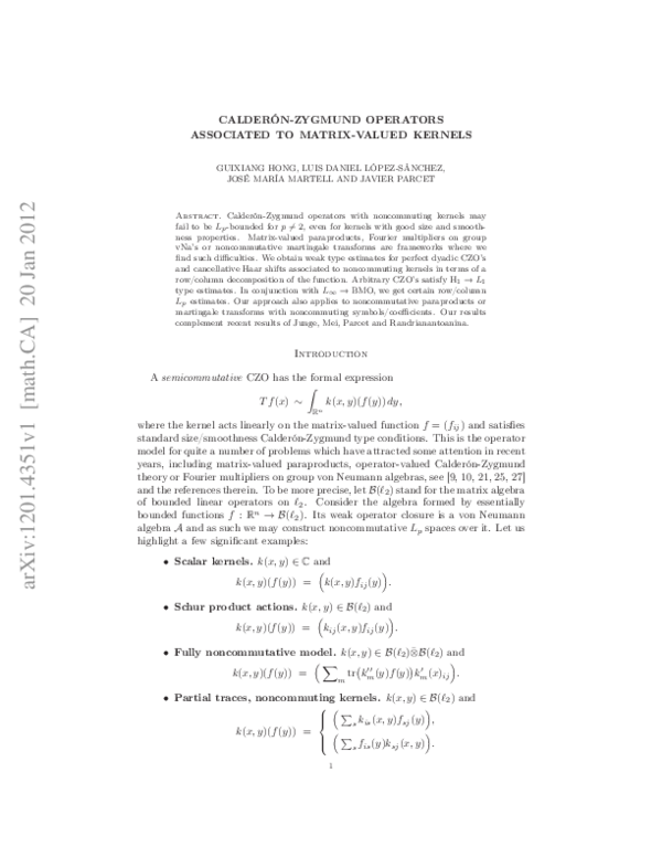 Pdf Calder On Zygmund Operators Associated To Matrix Valued Kernels Guixiang Hong And Luis