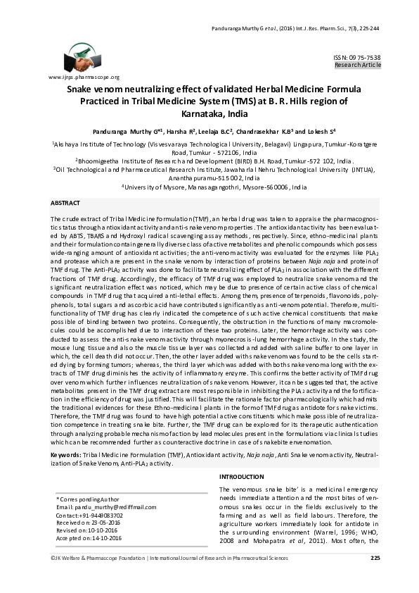 (PDF) Snake venom neutralizing effect of validated Herbal Medicine ...