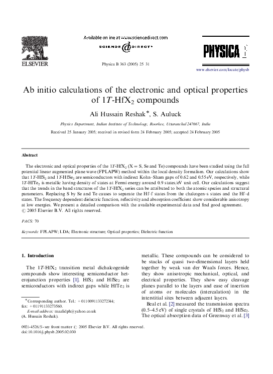 Pdf Ab Initio Calculations Of The Electronic And Optical Properties