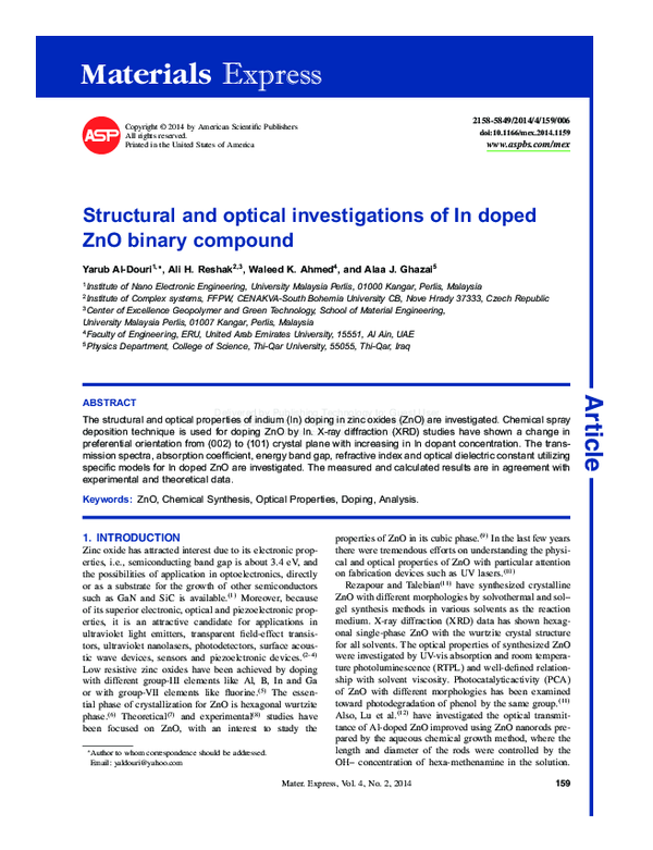 (PDF) Structural and optical investigations of In doped ZnO binary compound