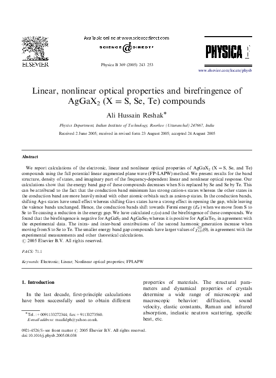 (PDF) Linear, nonlinear optical properties and birefringence of AgGaX2 ...