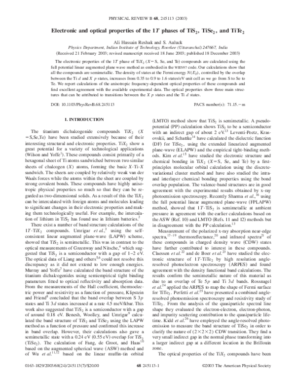(PDF) Electronic and optical properties of the 1T phases of TiS2, TiSe2 ...
