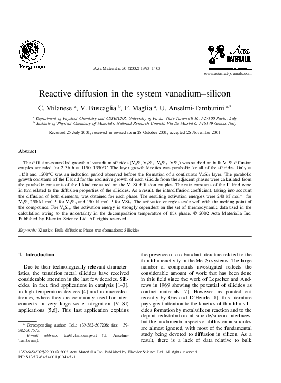 (PDF) Reactive diffusion in the system vanadium silicon