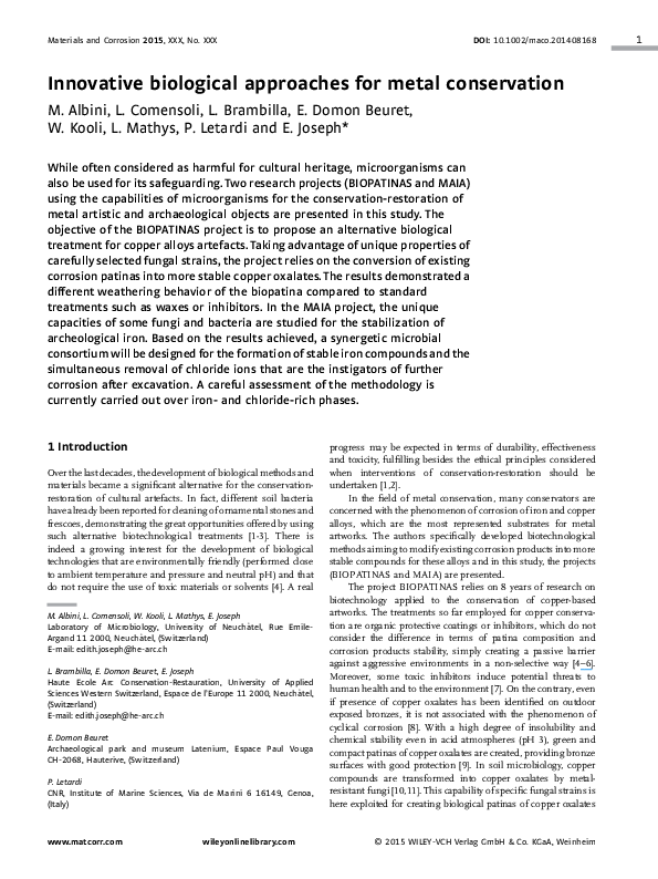 (PDF) Innovative biological approaches for metal conservation