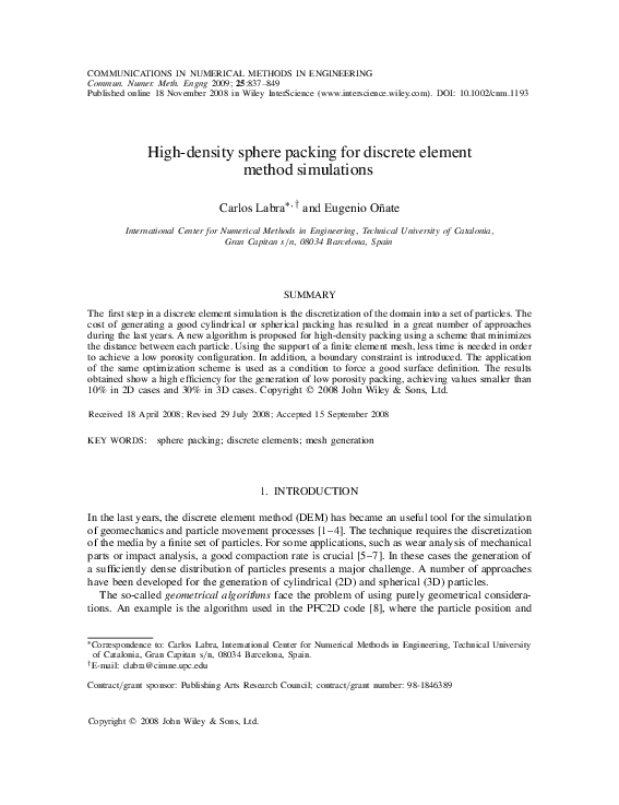 (PDF) High-density sphere packing for discrete element method simulations