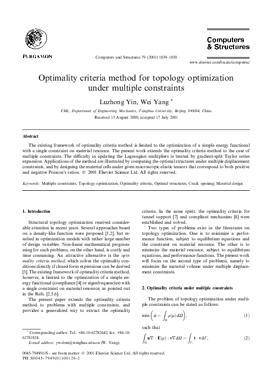 Pdf Optimality Criteria Method For Topology Optimization Under Multiple Constraints