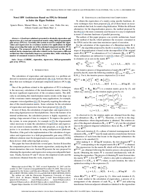 Pdf Novel Hw Architecture Based On Fpgas Oriented To Solve The Eigen Problem