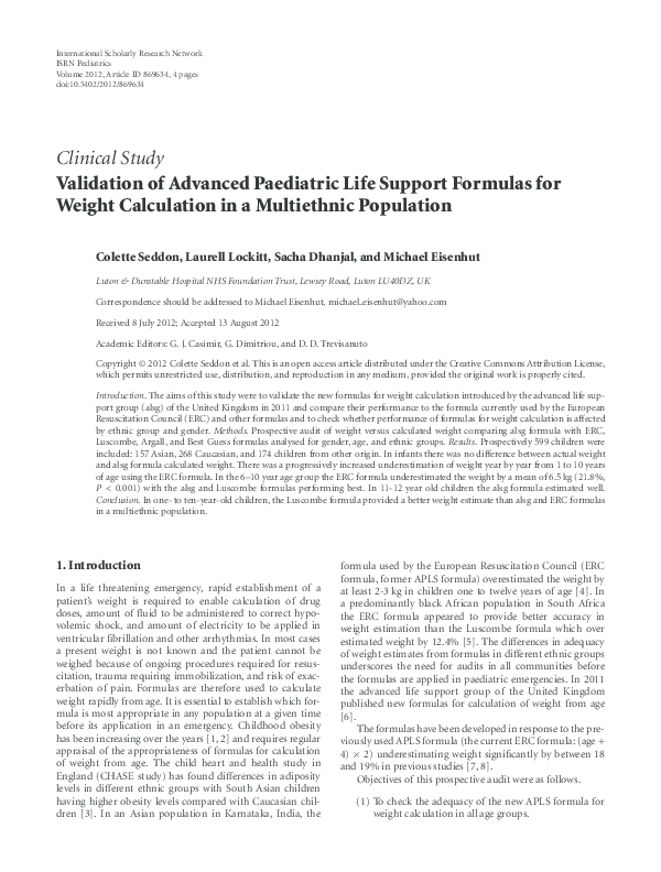 (PDF) Validation of Advanced Paediatric Life Support Formulas for ...