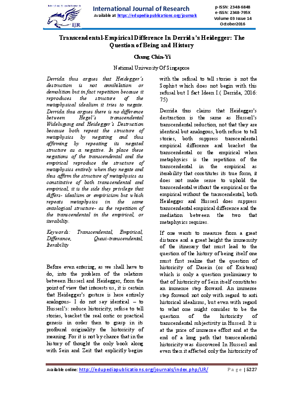 (PDF) Transcendental-Empirical Difference In Derrida's Heidegger: The ...