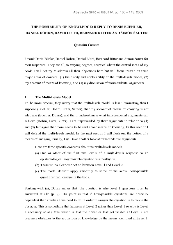 (PDF) The Possibility of Knowledge: Reply to Denis Buehler, Daniel Dohrn, David Lüthi, Bernard ...