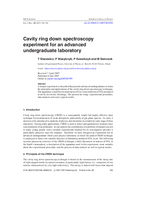 (PDF) Cavity ring down spectroscopy experiment for an advanced undergraduate laboratory
