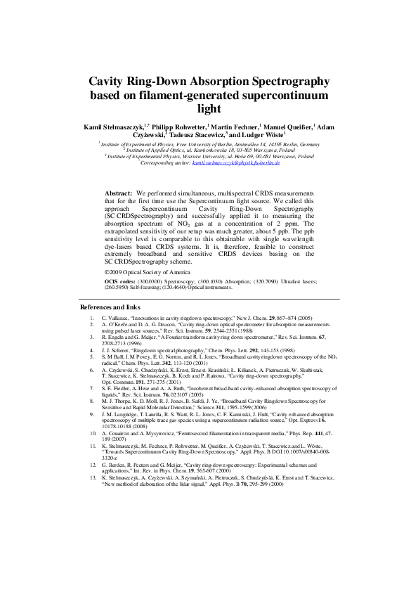 (PDF) Cavity Ring-Down Absorption Spectrography based on filament-generated supercontinuum light ...