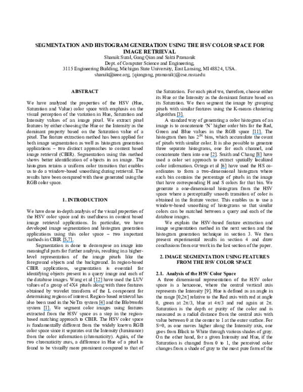 (PDF) Segmentation and histogram generation using the HSV color space for image retrieval