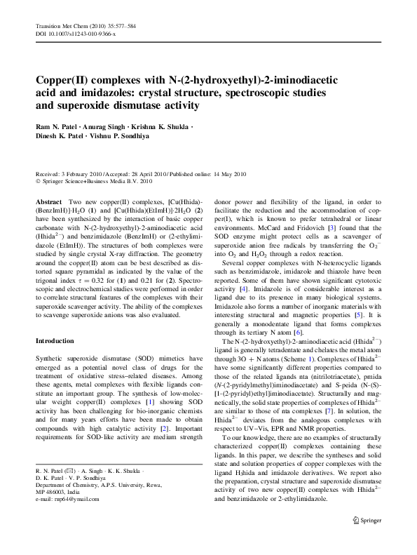 (PDF) Copper(II) complexes with N-(2-hydroxyethyl)-2-iminodiacetic acid and imidazoles: crystal ...