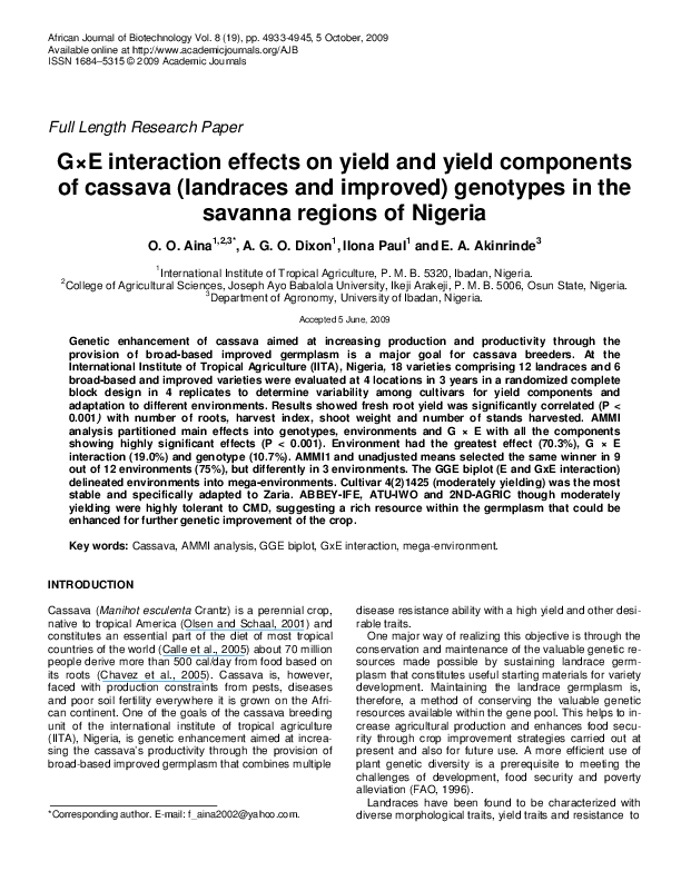 Pdf G× E Interaction Effects On Yield And Yield Components Of Cassava