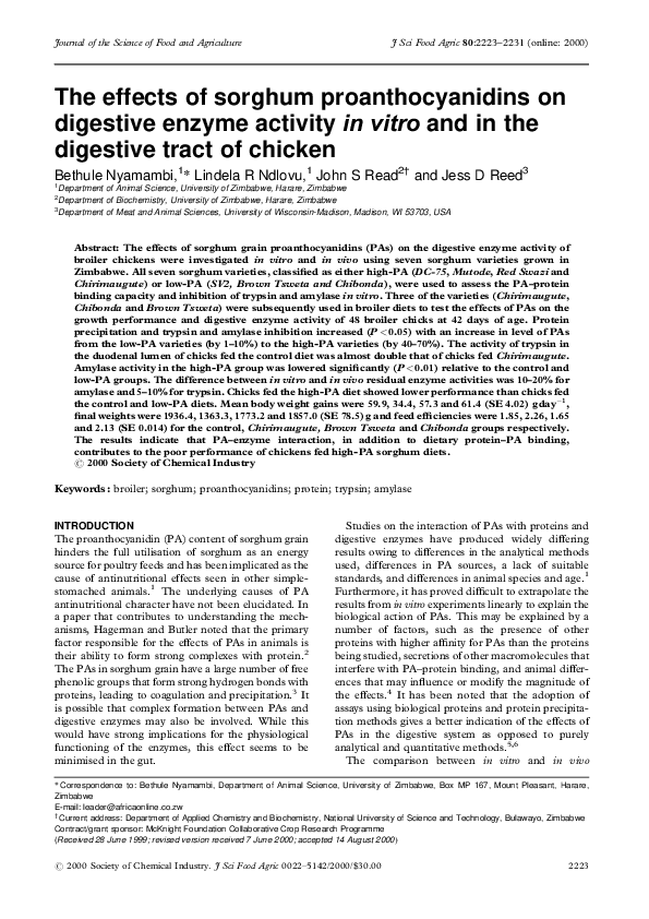 (PDF) The effects of sorghum proanthocyanidins on digestive enzyme activityin vitro and in the ...