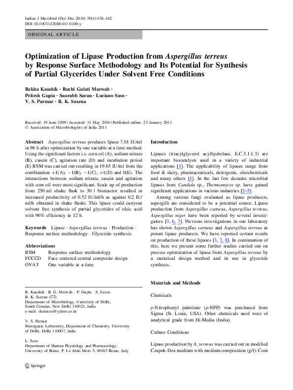 Pdf Optimization Of Lipase Production From Aspergillus Terreus By Response Surface Methodology