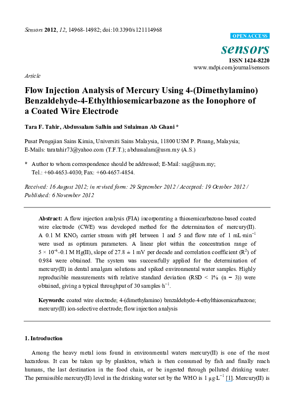 Pdf Flow Injection Analysis Of Mercury Using 4 Dimethylamino