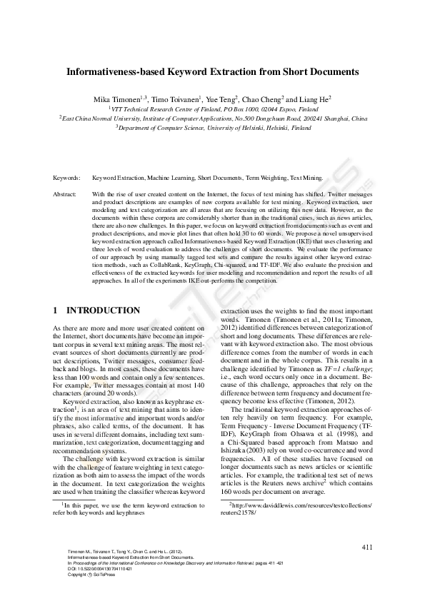Pdf Informativeness Based Keyword Extraction From Short Documents