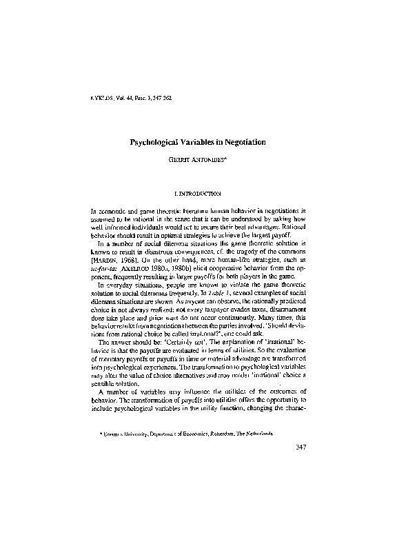 (PDF) Psychological Variables in Negotiation