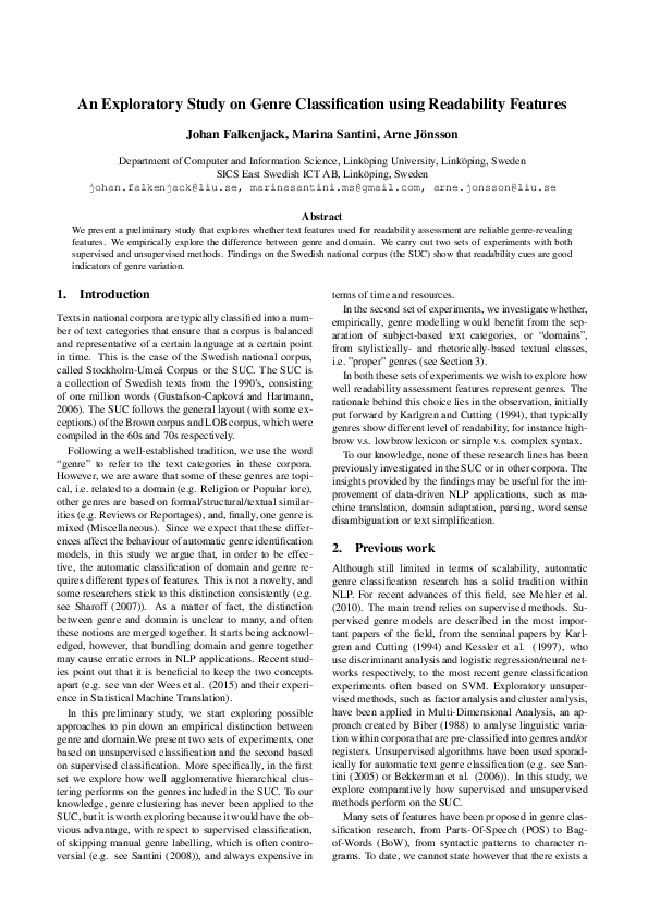 (PDF) An Exploratory Study on Genre Classification using Readability Features