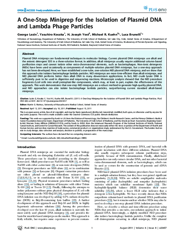 (PDF) A one-step miniprep for the isolation of plasmid DNA and lambda ...