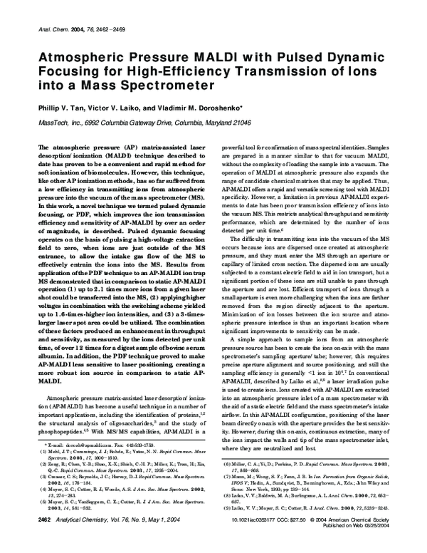 (PDF) Atmospheric Pressure MALDI with Pulsed Dynamic Focusing for High ...