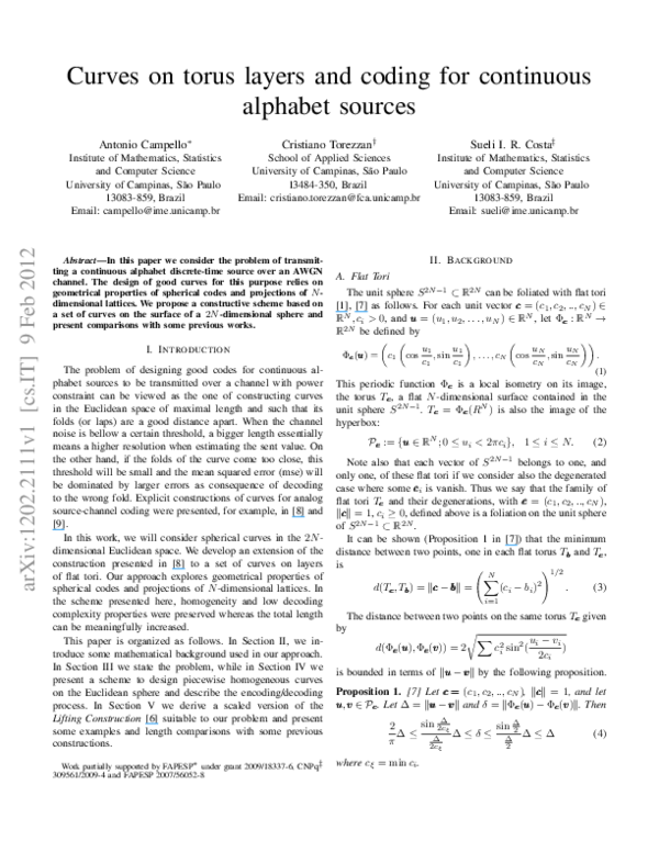 (PDF) Curves on torus layers and coding for continuous alphabet sources