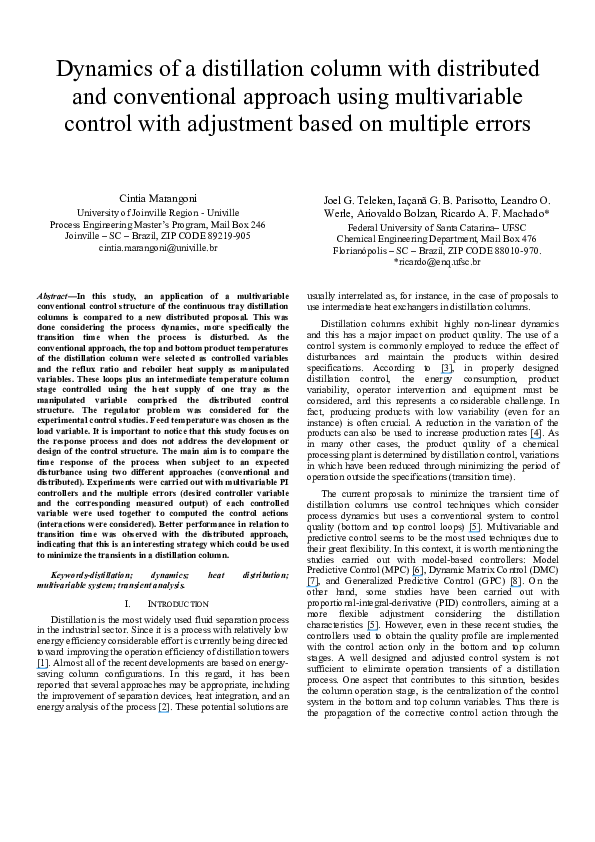 Pdf Dynamics Of A Distillation Column With Distributed And