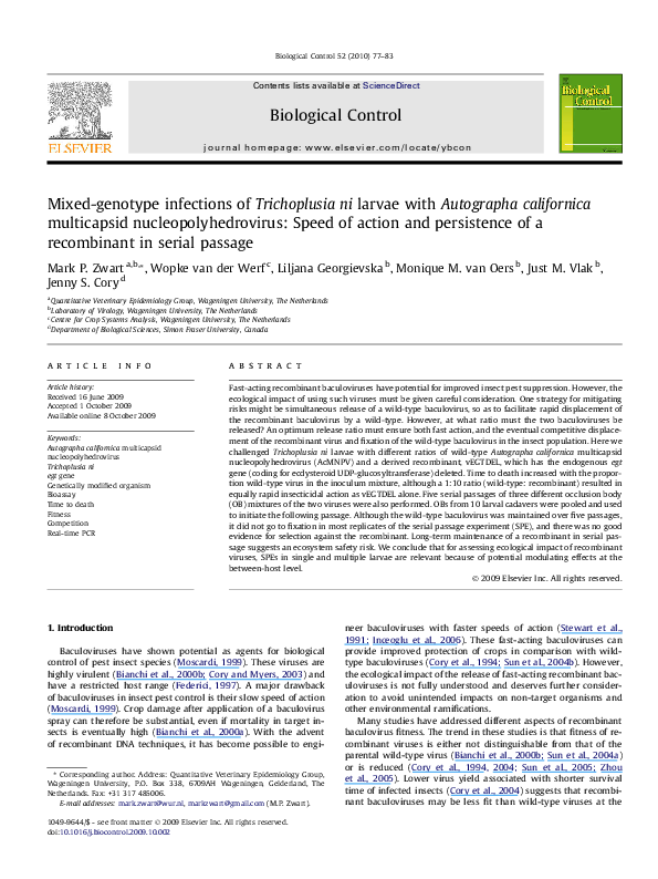 (PDF) Mixed-genotype infections of Trichoplusia ni larvae with ...