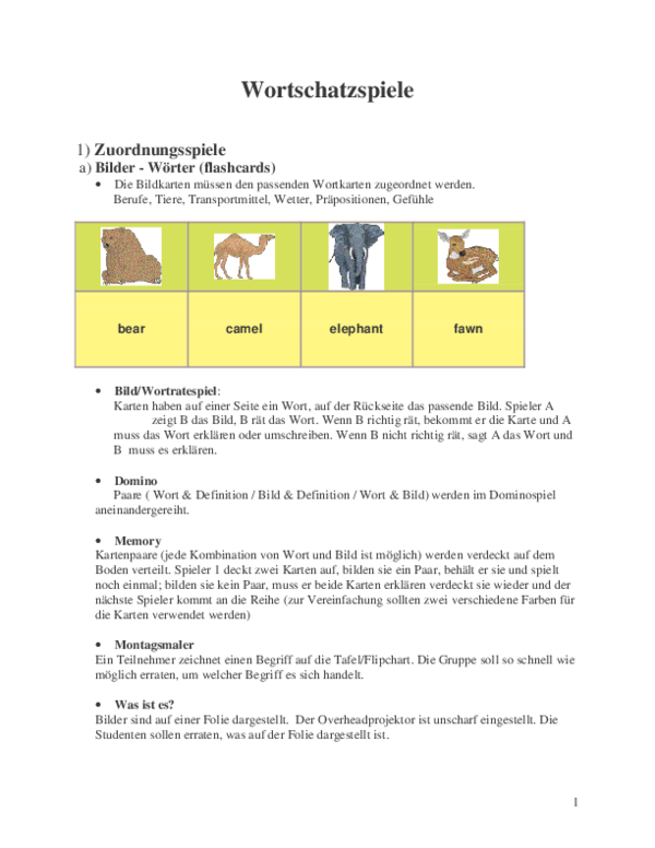 (PDF) Wortschatzspiele 1) Zuordnungsspiele a) Bilder -Wörter (flashcards