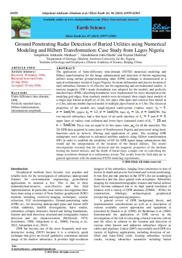 Pdf Ground Penetrating Radar Detection Of Buried Utilities Using Numerical Modeling And