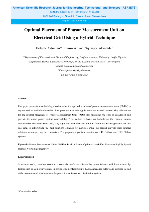 (PDF) Optimal Placement of Phasor Measurement Unit on Electrical Grid Using a Hybrid Technique
