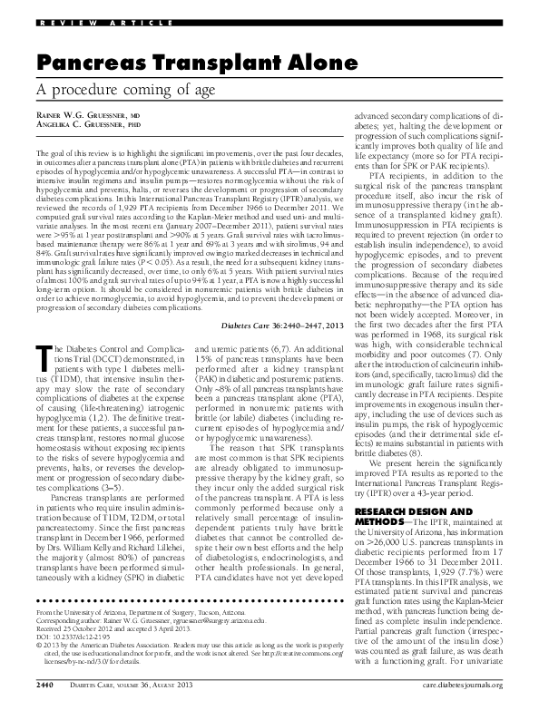 (PDF) Pancreas Transplant Alone: A procedure coming of age