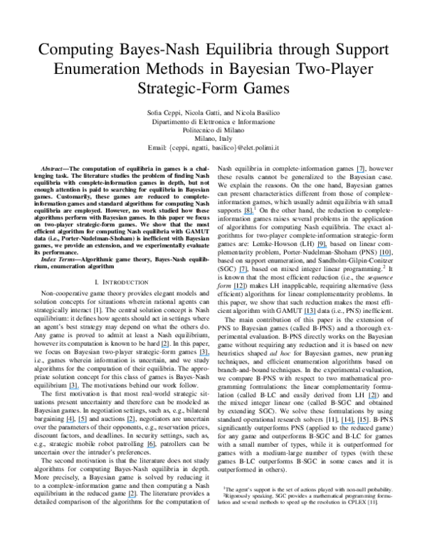 (PDF) Computing Bayes-Nash Equilibria through Support Enumeration Methods in Bayesian Two-Player ...