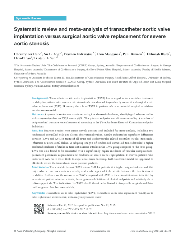 (PDF) Systematic review and meta-analysis of transcatheter aortic valve implantation versus ...