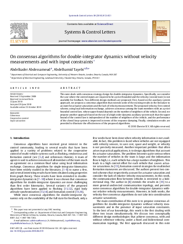 Pdf On Consensus Algorithms For Double Integrator Dynamics Without