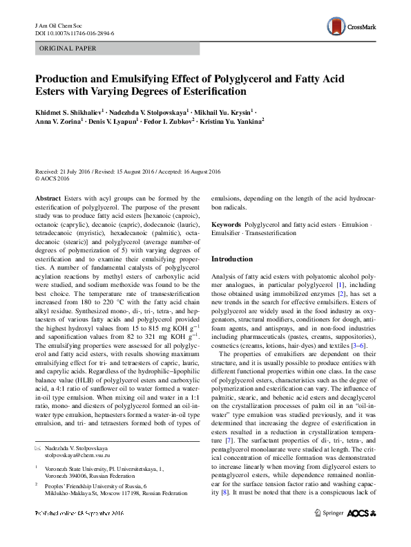 (PDF) Production and Emulsifying Effect of Polyglycerol and Fatty Acid ...
