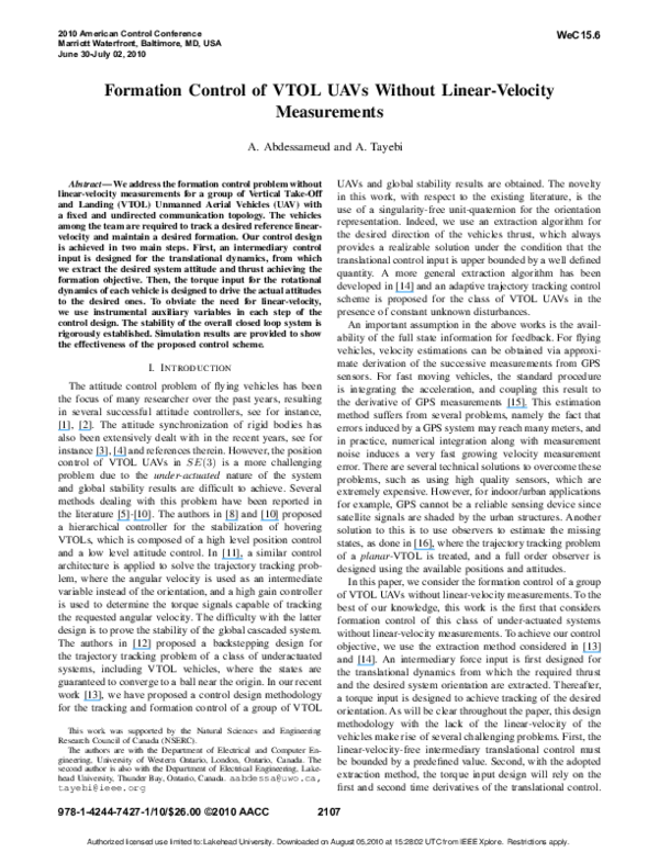 Pdf Formation Control Of Vtol Uavs Without Linear Velocity Measurements Abdelhamid Tayebi
