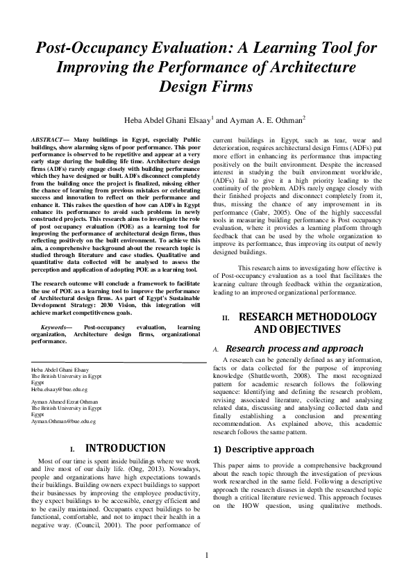 (PDF) Post-Occupancy Evaluation: A Learning Tool for Improving the ...