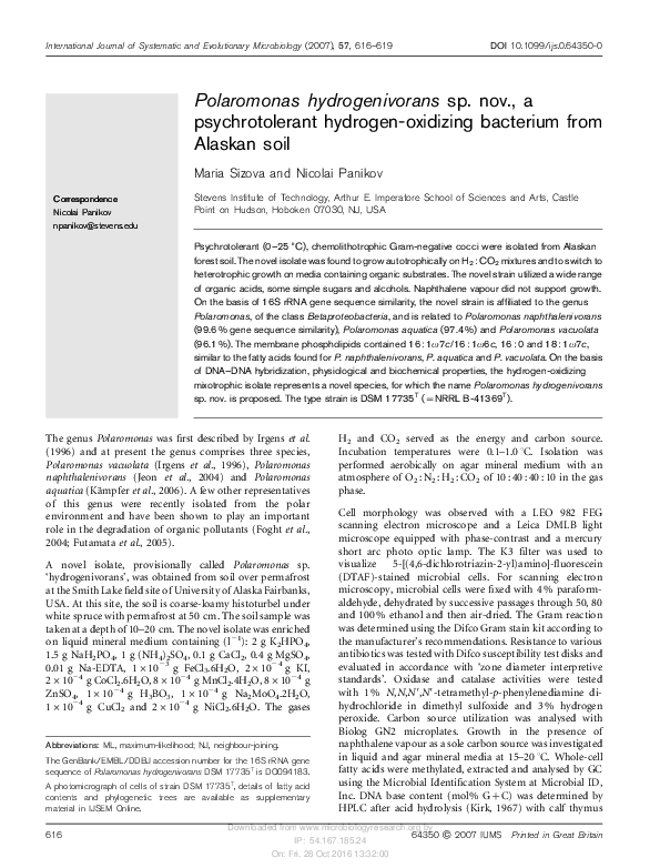 (PDF) Polaromonas hydrogenivorans sp. nov., a psychrotolerant hydrogen ...