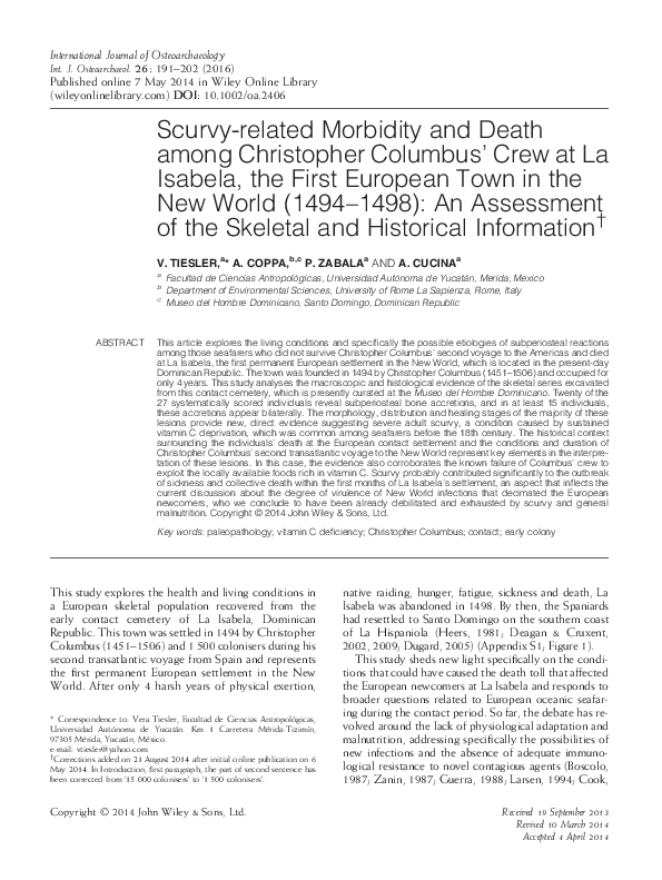 (PDF) Scurvy-related Morbidity and Death among Christopher Columbus ...