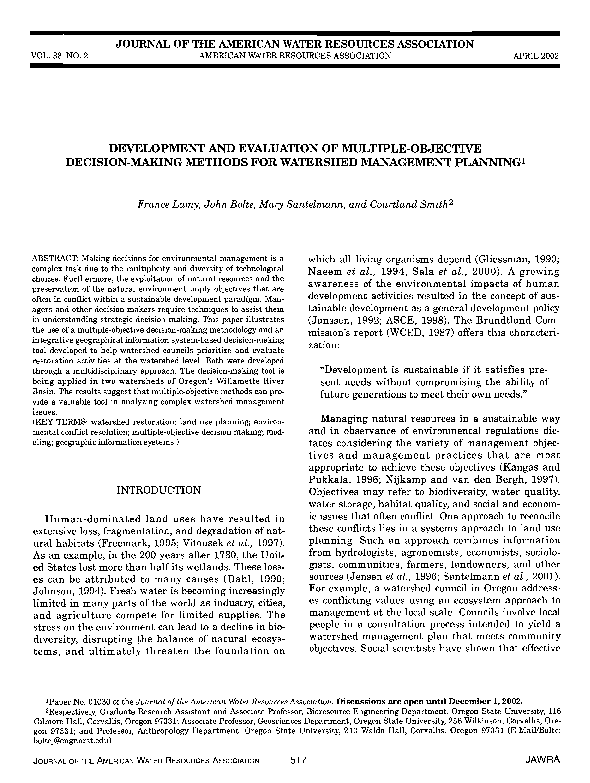 (PDF) Development and Evaluation of Multiple-Objective Decision-Making Methods for Watershed ...