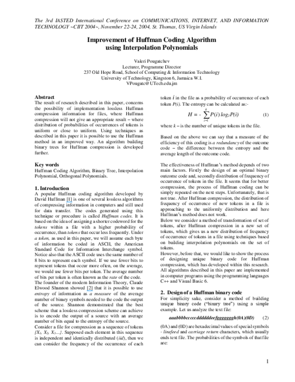 Pdf Improvement Of Huffman Coding Algorithm Using Interpolation Polynomials
