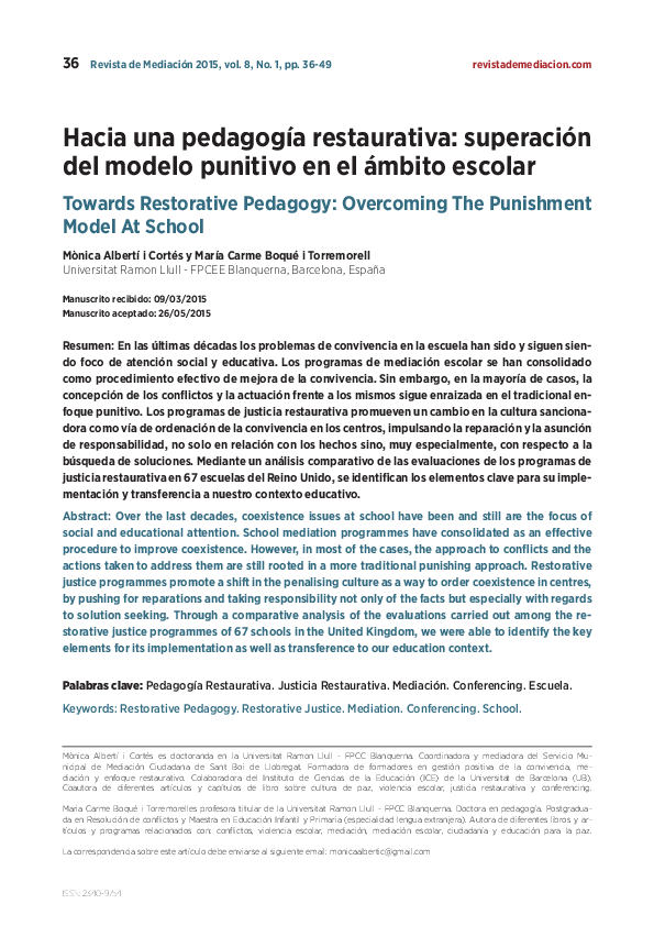 (PDF) Hacia una pedagogía restaurativa: superación del modelo punitivo en el ámbito escolar ...