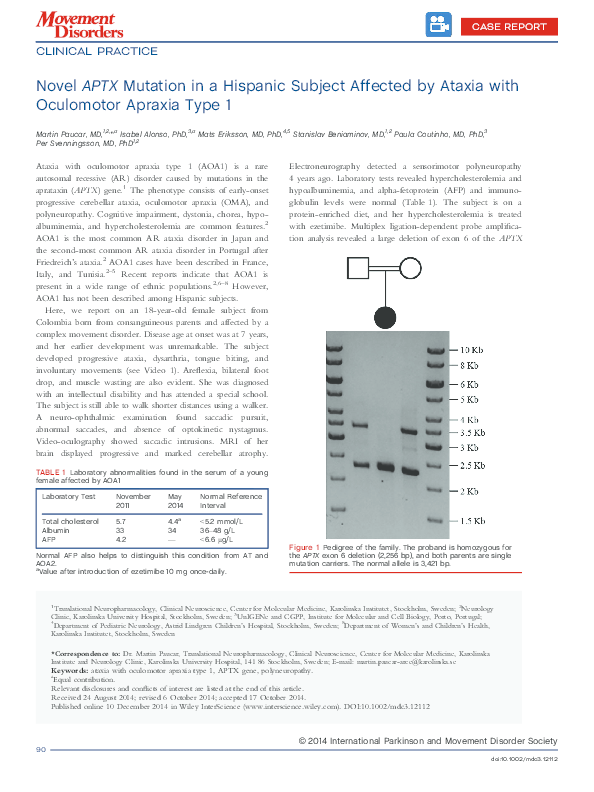 (PDF) Novel APTX Mutation in a Hispanic Subject Affected by Ataxia with Oculomotor Apraxia Type ...