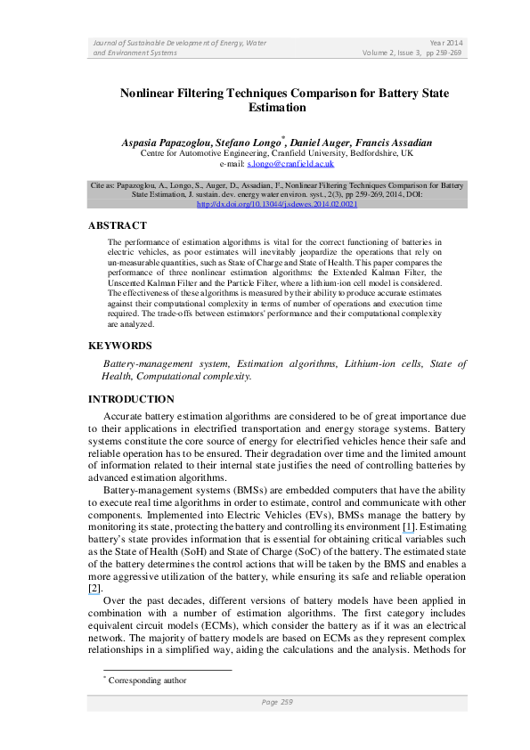 Pdf Nonlinear Filtering Techniques Comparison For Battery State